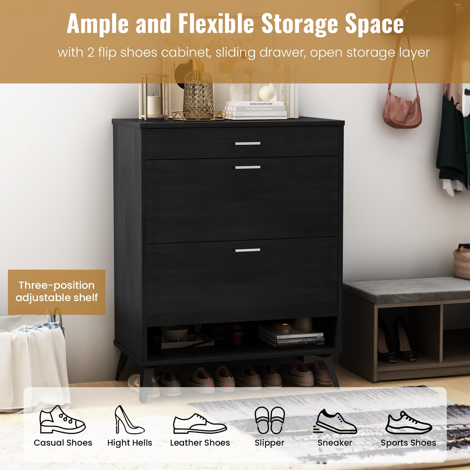 AWQM Shoe Cabinet, Modern Shoe Storage Cabinet with Hidden 2 Flip Drawers and Slide Drawer, Freestanding Slim Shoe Organizer Racks for Entryway, Hallway - Black