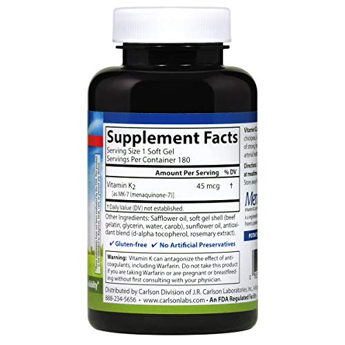 Carlson - Vitamin K2 MK-7 (Menaquinone), 45 mcg, Bone Support, Circulation Function & Calcium Bioavailability, 180 Softgels