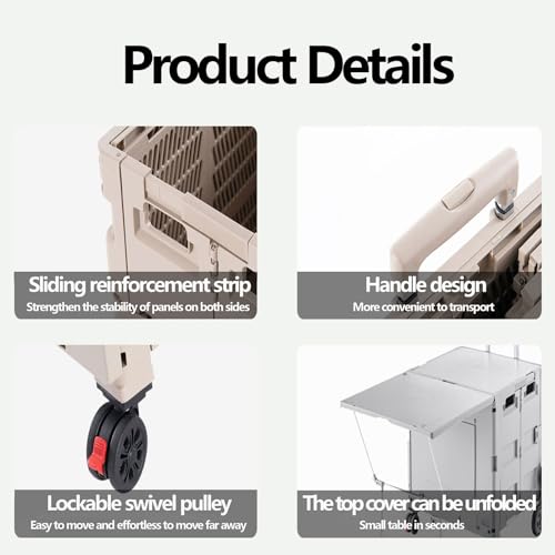 RINGGLO Collapsible Foldable Wagon Cart Outdoor Utility Wagon with Wheels, with Adjustable Push Pulling Handles,Big Wheels for Shopping, Picnic, Camping,Beige