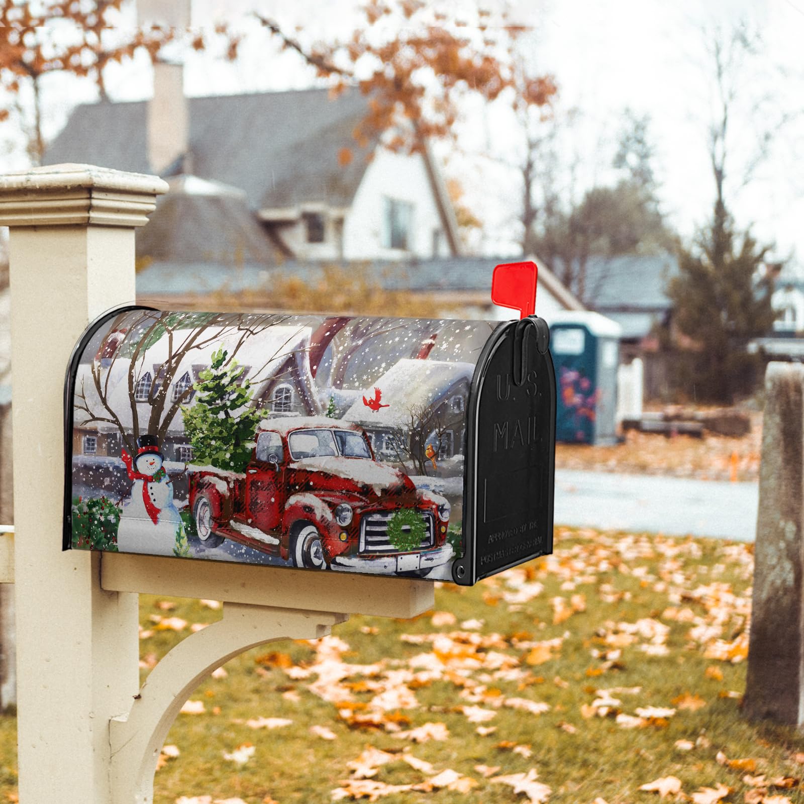 Red Buffalo Plaid Snowman Xmas Mailbox Covers - Winter Post Box Cover with Magnetic Closure - Waterproof & Standard Size 21x18 inch for Garden Yard Home Decor