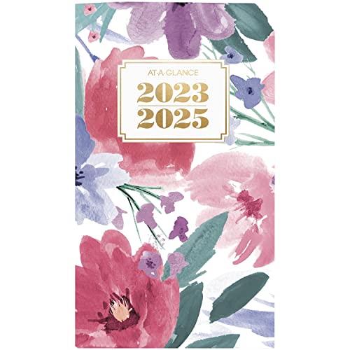 AT-A-GLANCE 2023-2025 Pocket Calendar, 2 Year, Monthly Academic Planner, 3-1/2" x 6", Pocket Size, BADGE Floral (1664F-021A)
