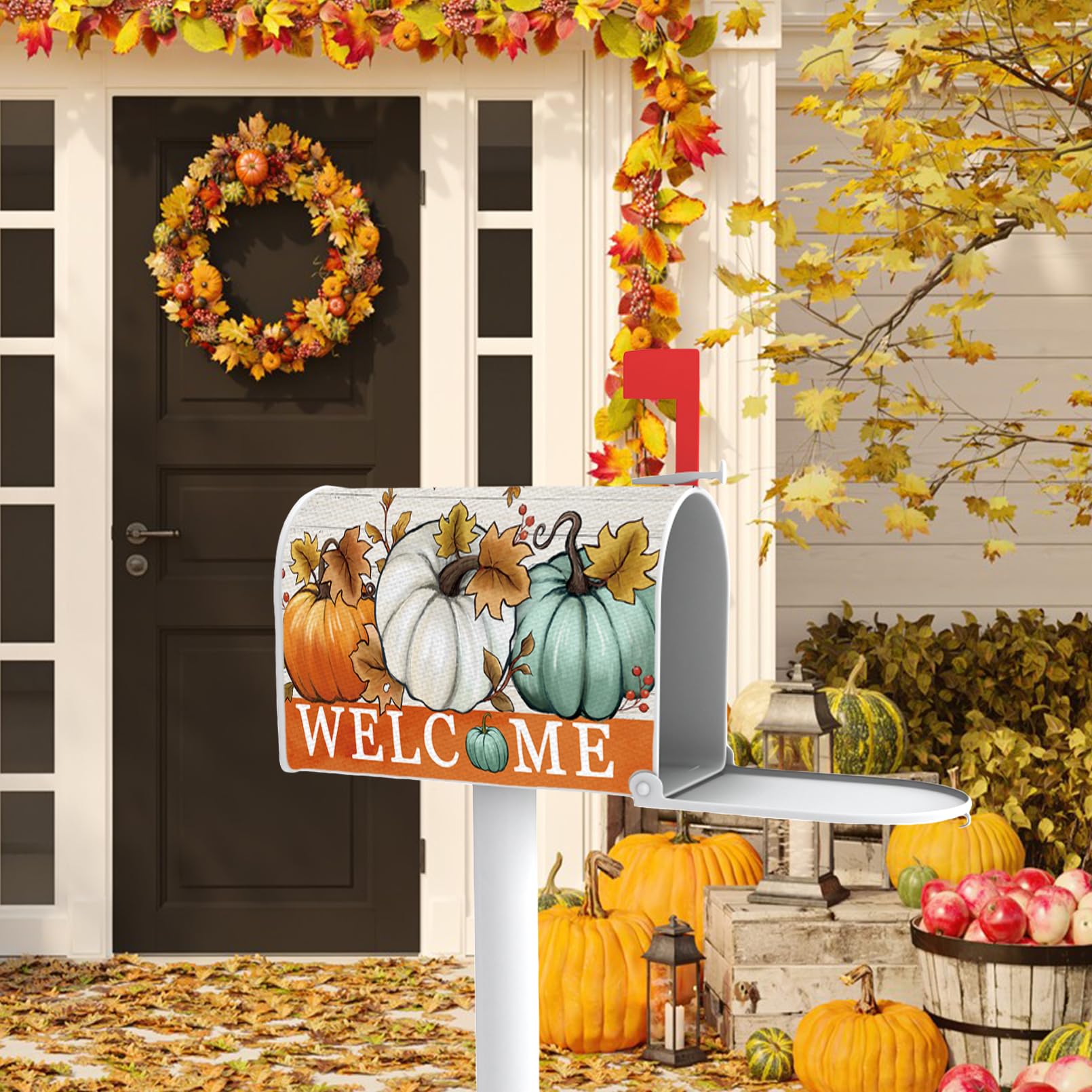 FBCOO Welcome Fall White Teal Pumpkin Mailbox Cover Magnetic Standard Size 20.5" x 18", Autumn Seasonal Decorative Post Letter Box Decor, Thanksgiving Farmhouse Rustic Garden Yard Outdoor Decoration