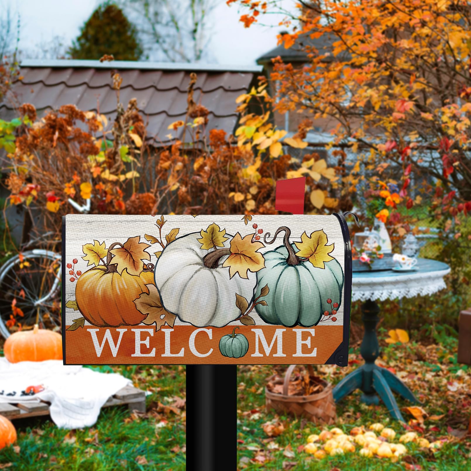 FBCOO Welcome Fall White Teal Pumpkin Mailbox Cover Magnetic Standard Size 20.5" x 18", Autumn Seasonal Decorative Post Letter Box Decor, Thanksgiving Farmhouse Rustic Garden Yard Outdoor Decoration