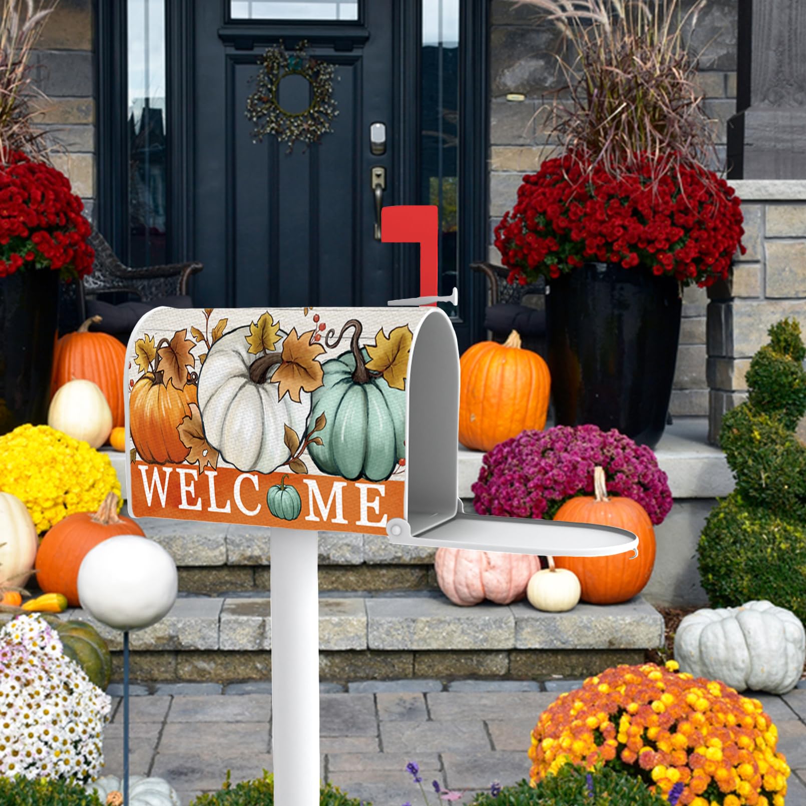 FBCOO Welcome Fall White Teal Pumpkin Mailbox Cover Magnetic Standard Size 20.5" x 18", Autumn Seasonal Decorative Post Letter Box Decor, Thanksgiving Farmhouse Rustic Garden Yard Outdoor Decoration
