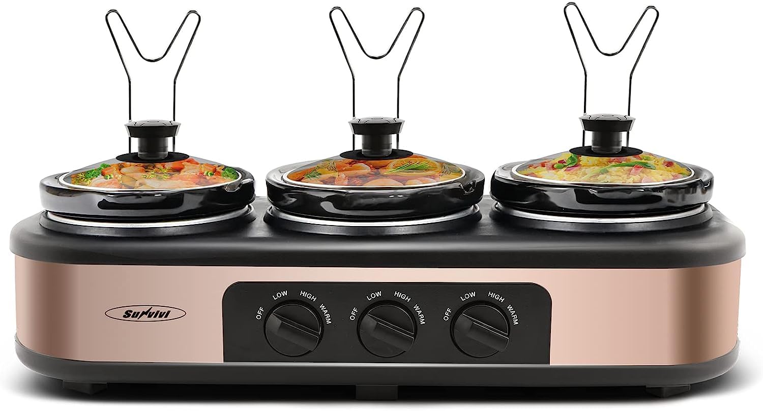 Slow Cooker, Dual Slow Cooker Black and Copper Triple Slow Cooker Buffet Server Multiple Pot Food Warmer, Slow Cooker Buffet Food Warmer Adjustable Temp Lid Rests Stainless Steel