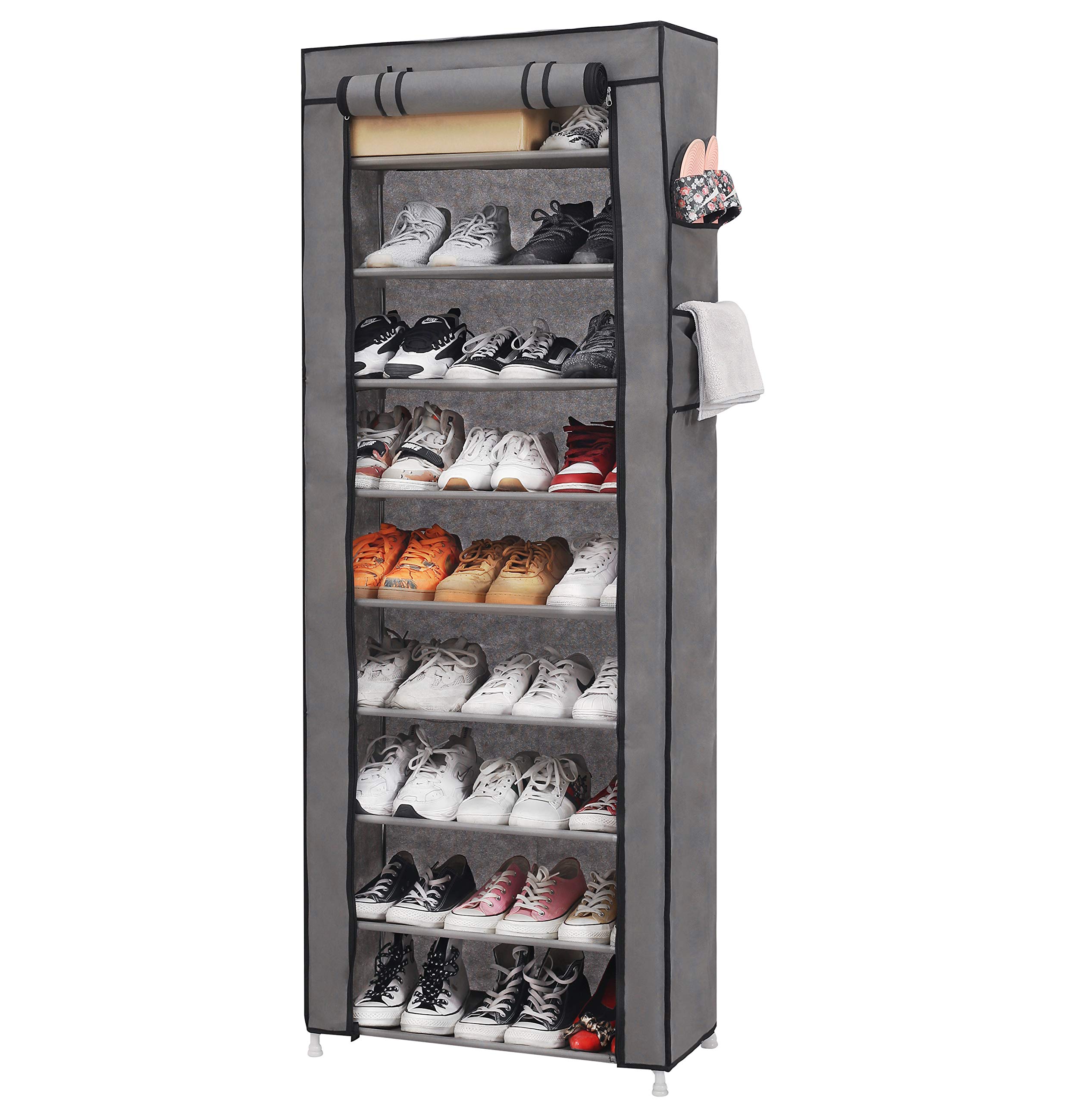 PENGKE 9-Shelf Shoe Organizer with Dust Cover - Closet shelf for up to 27 pairs of shoes - Designed for doorways, hallways, balconies, living rooms - Gray