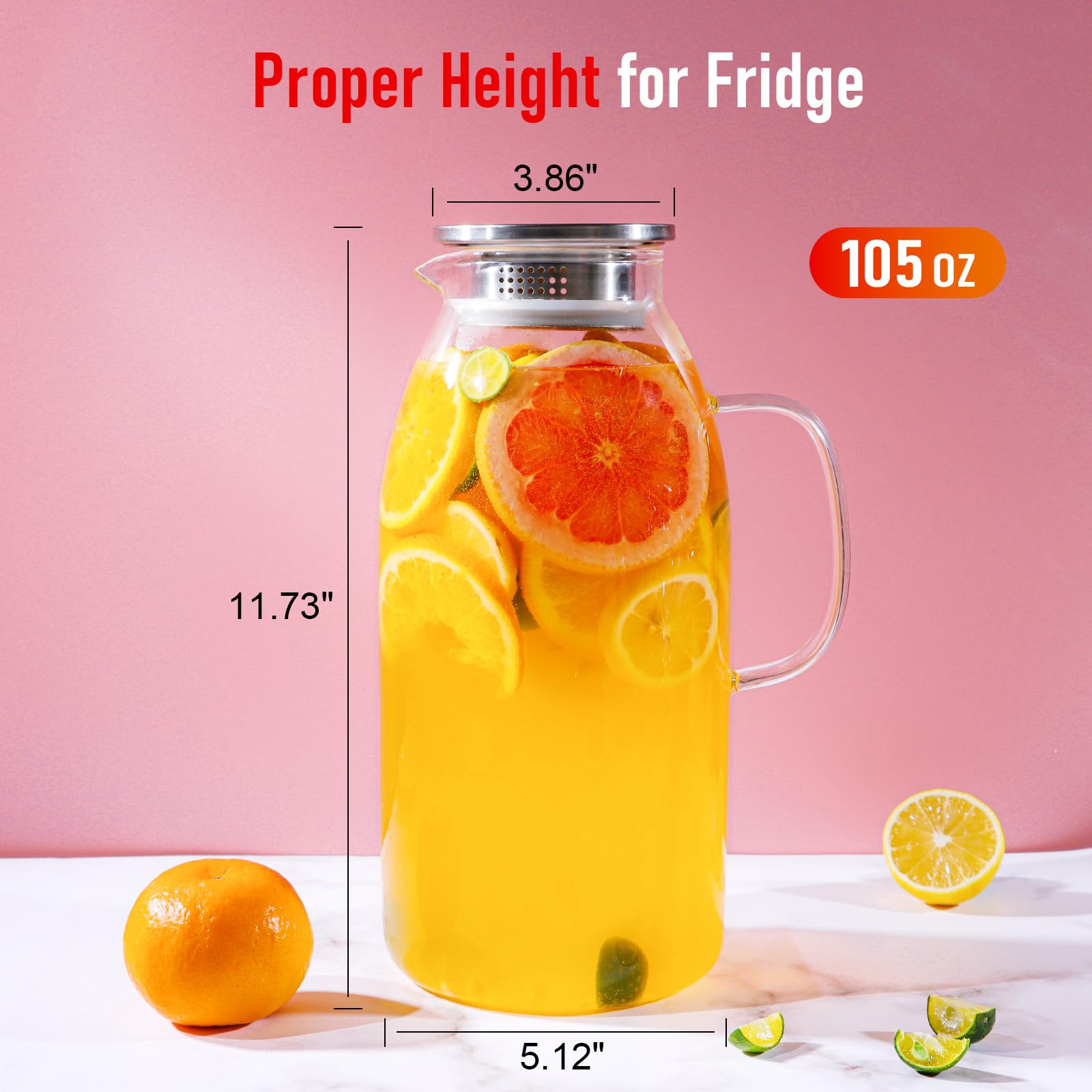Glass Pitcher, veecom 105 Oz Large Pitcher with Lid, Glass Water Pitcher with Handle and Lid, Drink Pitcher with Lid for Parties, Iced Tea Pitcher for Fridge, Lemonade Juice Jugs/Pitchers for Drinks