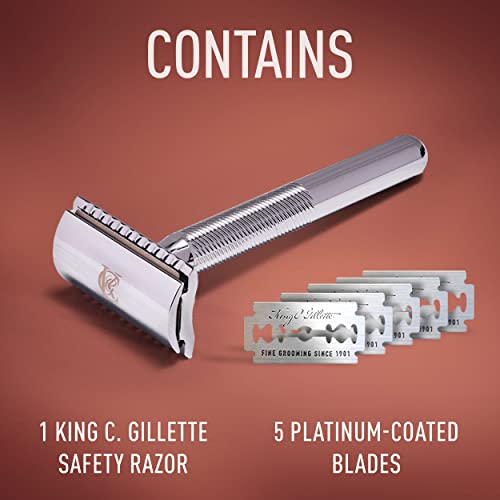 King C. Gillette Safety Razor with Chrome Plated Handle and 5 Platinum Coated Double Edge Safety Razor Blade Refills