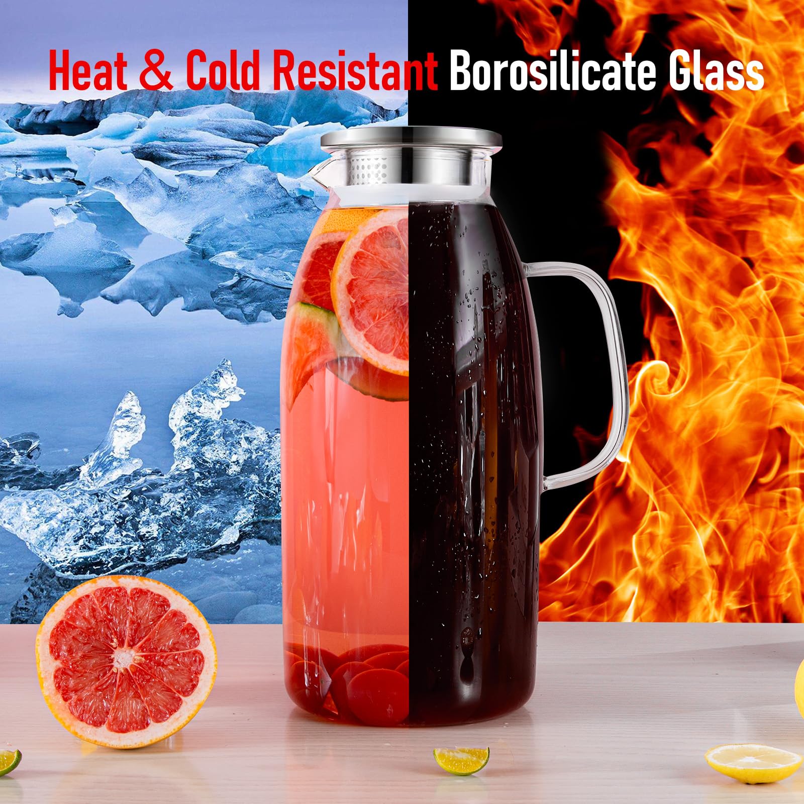 Glass Pitcher, veecom 105 Oz Large Pitcher with Lid, Glass Water Pitcher with Handle and Lid, Drink Pitcher with Lid for Parties, Iced Tea Pitcher for Fridge, Lemonade Juice Jugs/Pitchers for Drinks