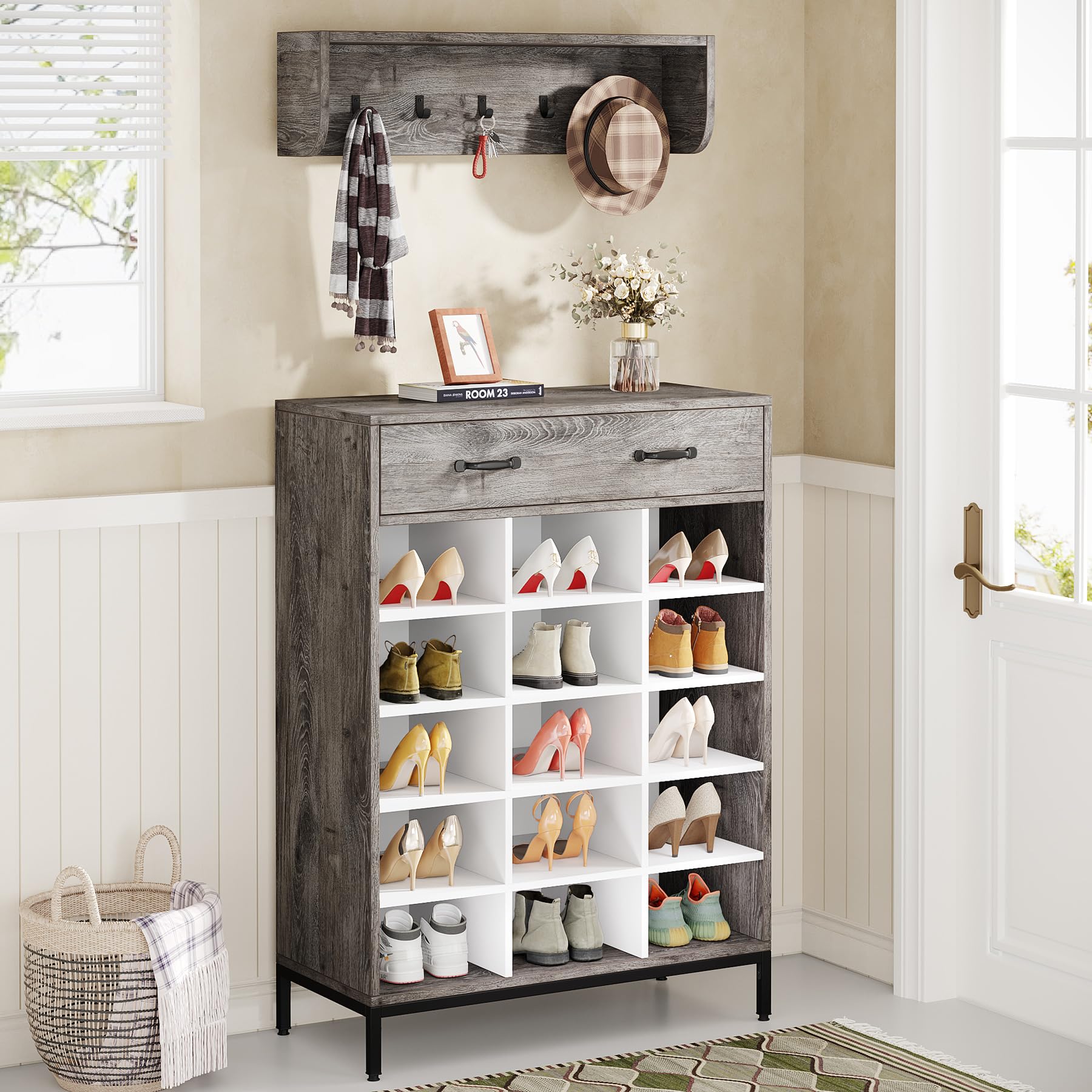 Tribesigns Shoe Storage Cabinet, Shoe Cabinet with Coat Rack & 5 Hooks, Wooden Shoe Rack Organizer with 15 Shoe Cubbies & Big Drawer for Entryway, Hallway, Bedroom, Closet, Vintage Gray