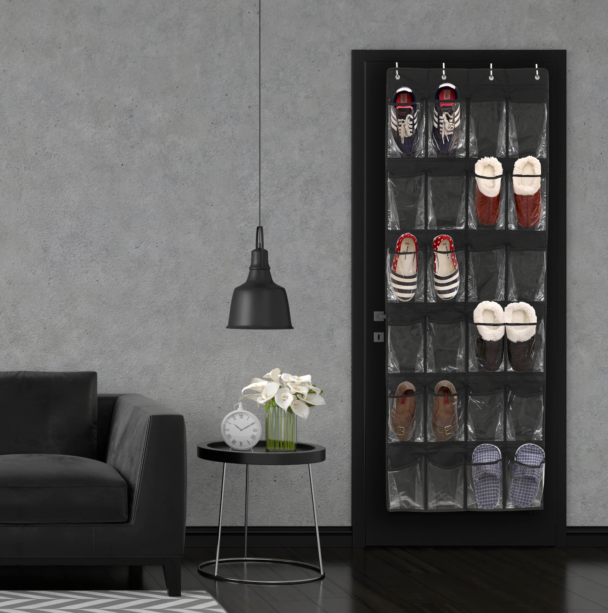 Simple Houseware 24 Pockets - Crystal Clear Over The Door Hanging Shoe Organizer, Black (64'' x 19'')