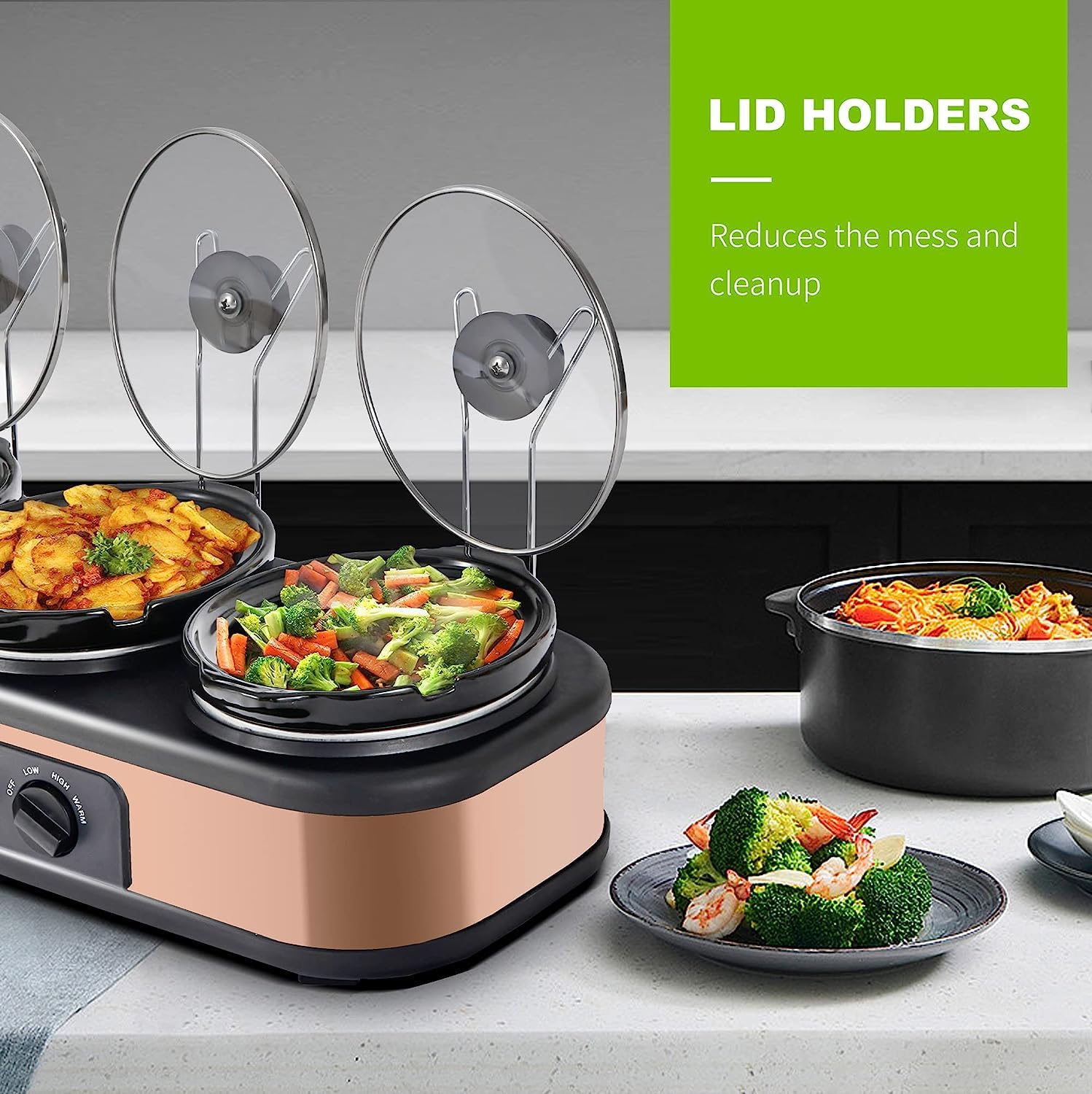 Slow Cooker, Dual Slow Cooker Black and Copper Triple Slow Cooker Buffet Server Multiple Pot Food Warmer, Slow Cooker Buffet Food Warmer Adjustable Temp Lid Rests Stainless Steel