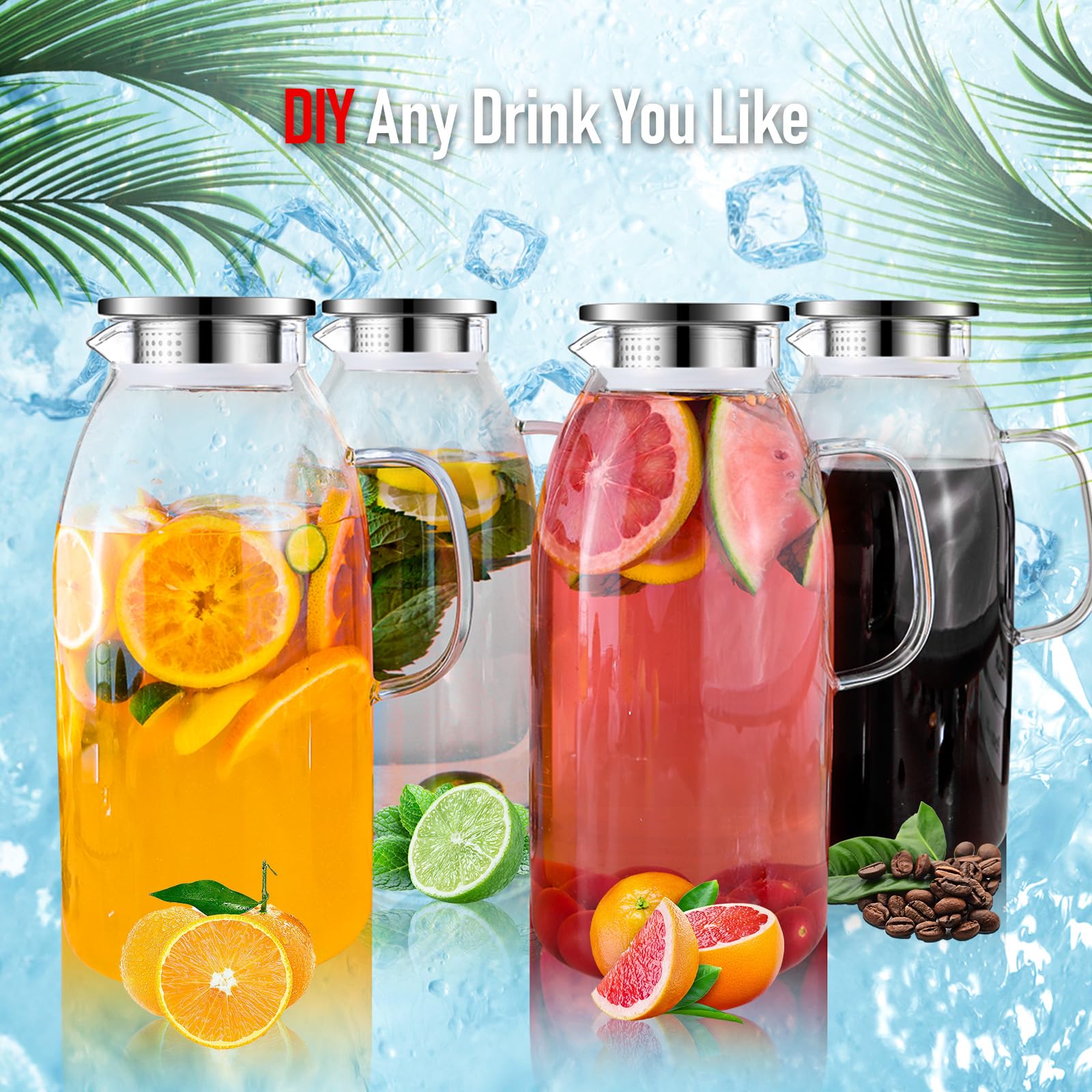 Glass Pitcher, veecom 105 Oz Large Pitcher with Lid, Glass Water Pitcher with Handle and Lid, Drink Pitcher with Lid for Parties, Iced Tea Pitcher for Fridge, Lemonade Juice Jugs/Pitchers for Drinks