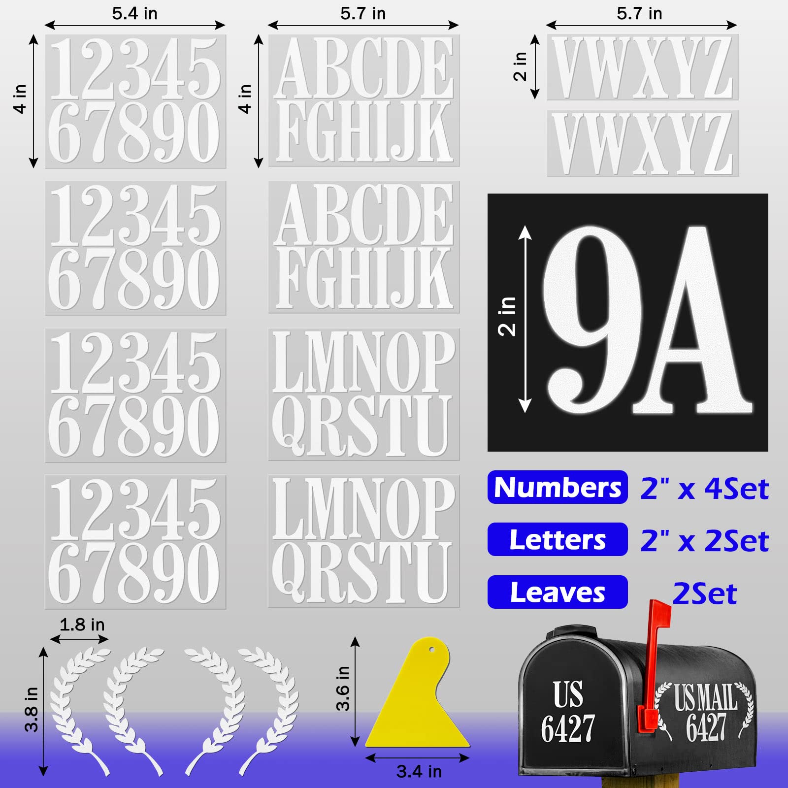 2" Reflective Mailbox Numbers Letters Stickers for Outside,Self Adhesive Mailbox Decal Numbers 4 Set(0-9),Letters 2 Set(A-Z),Leaves 2 Set,Vinyl House Address Stickers for Mailbox,Signs,Cars(White)