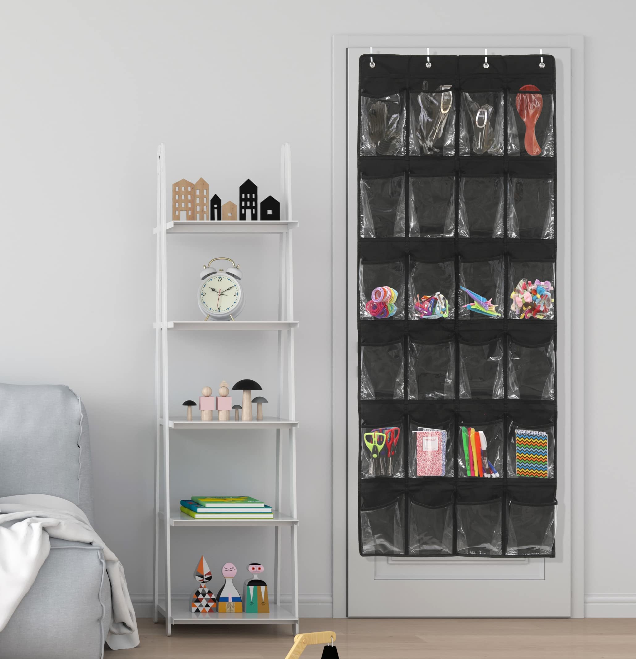 Simple Houseware 24 Pockets - Crystal Clear Over The Door Hanging Shoe Organizer, Black (64'' x 19'')