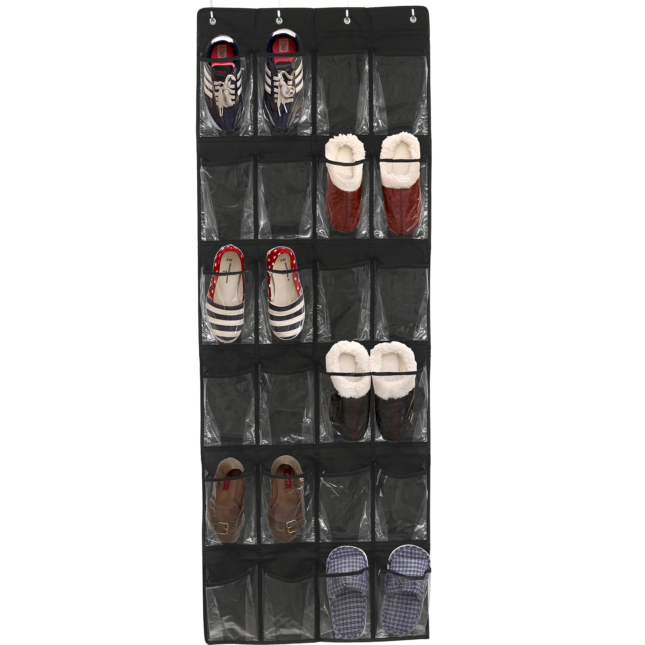Simple Houseware 24 Pockets - Crystal Clear Over The Door Hanging Shoe Organizer, Black (64'' x 19'')