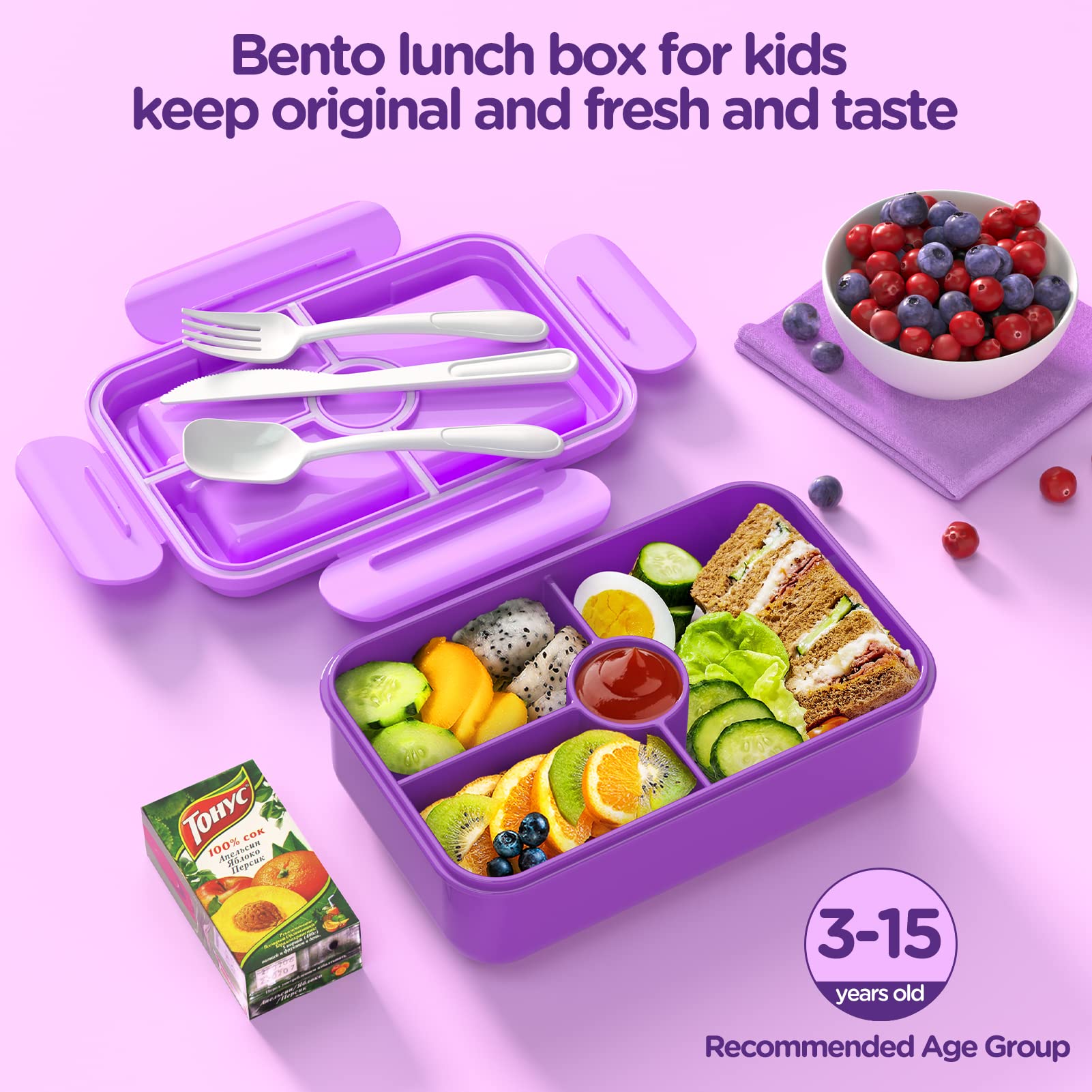 Jelife Lunch Box Kids Bento Box - Large Bento-Style Leakproof 4 Compartments Kids Lunchbox Food Containers with Utensils for Back to School, Reusable On-the-Go Meal and Snack Packing, Purple