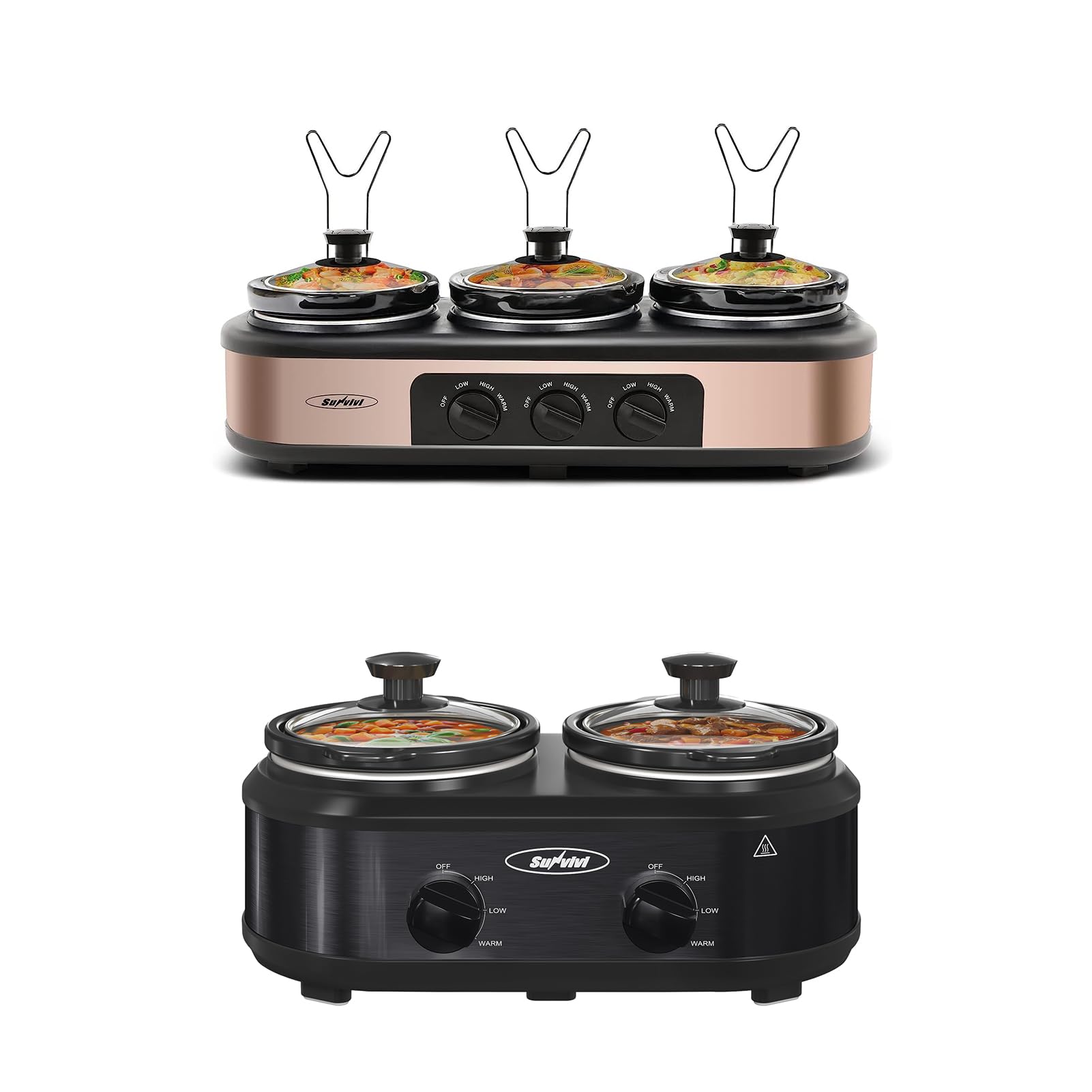 Slow Cooker, Dual Slow Cooker Black and Copper Triple Slow Cooker Buffet Server Multiple Pot Food Warmer, Slow Cooker Buffet Food Warmer Adjustable Temp Lid Rests Stainless Steel