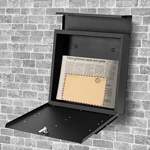 YOOBOX Wall-Mount Mailbox with Lock and Keys, Security Key Drop Box for House Outside, Locking Postbox, Steel Metal Rust-Proof Mail Box, 11.02 x 11.02 x 4.33 Inch, Black, MD002