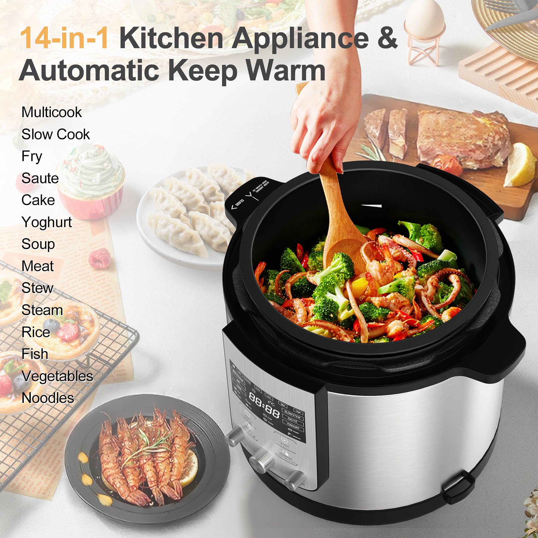 GIHETKUT 14-in-1 Electric Pressure Cooker, 6.3 Quart Multi Cooker, Rice Slow Cooker with Knob, Steamer, Sauté, Yogurt Maker, Cake Maker, Warmer & Sterilizer, Stainless Steel