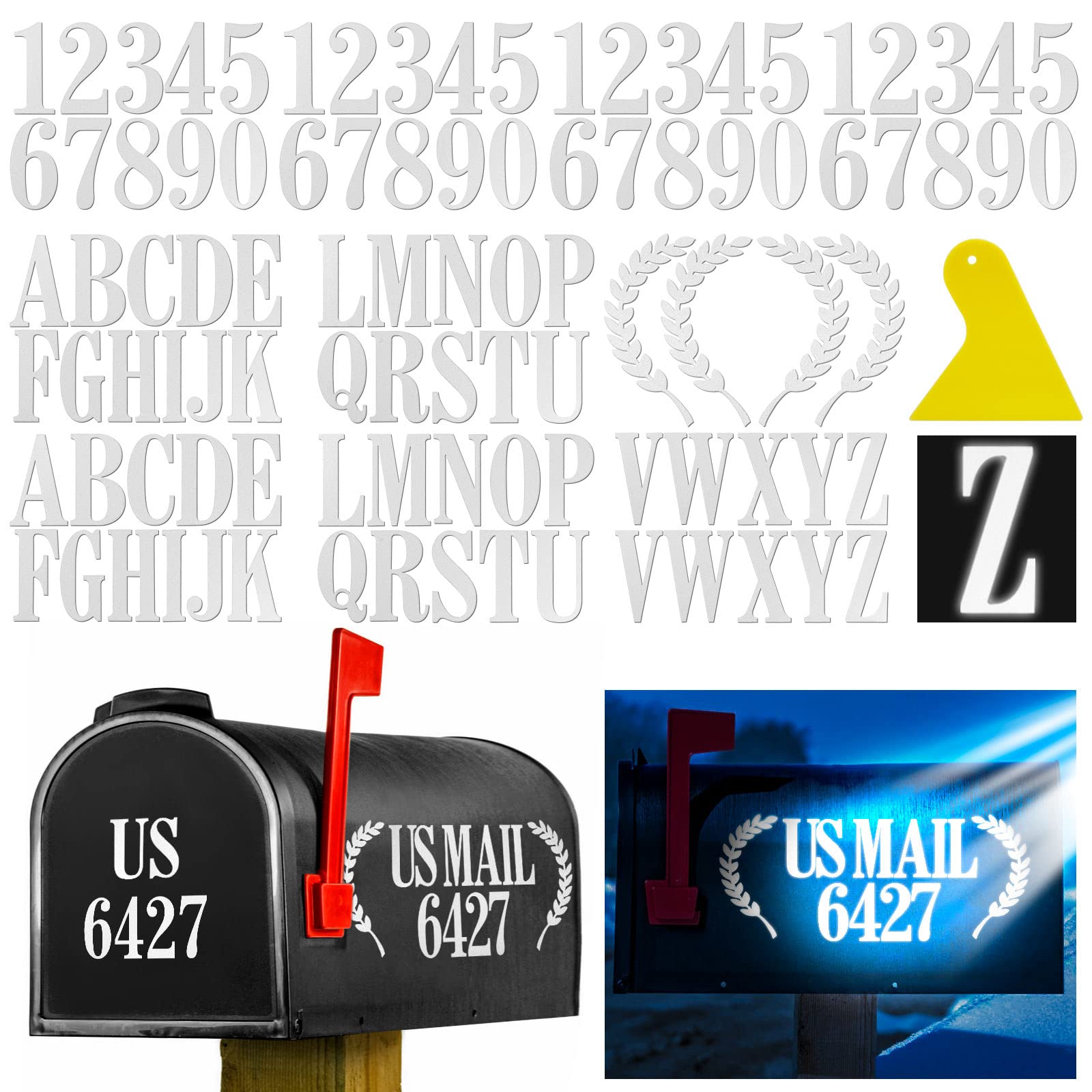 2" Reflective Mailbox Numbers Letters Stickers for Outside,Self Adhesive Mailbox Decal Numbers 4 Set(0-9),Letters 2 Set(A-Z),Leaves 2 Set,Vinyl House Address Stickers for Mailbox,Signs,Cars(White)