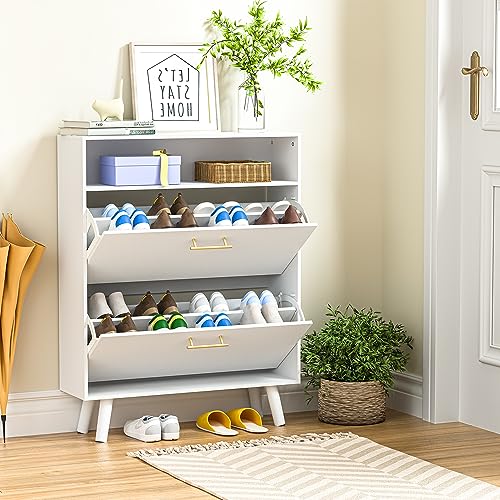 SINROM Shoe Cabinet for Entryway, Slim Shoe Storage Cabinet with 2 Flip Drawers, Freestanding Shoe Organizer with Open Shelf for Hallway, White