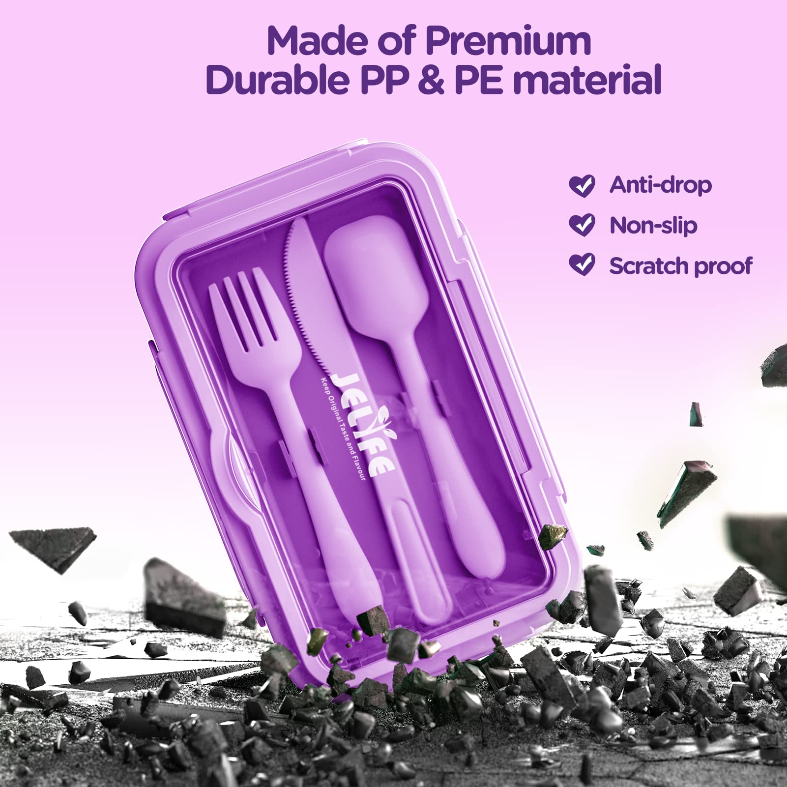 Jelife Lunch Box Kids Bento Box - Large Bento-Style Leakproof 4 Compartments Kids Lunchbox Food Containers with Utensils for Back to School, Reusable On-the-Go Meal and Snack Packing, Purple
