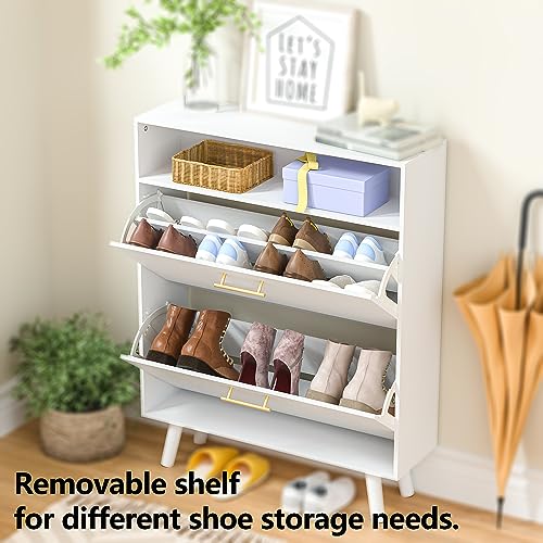 SINROM Shoe Cabinet for Entryway, Slim Shoe Storage Cabinet with 2 Flip Drawers, Freestanding Shoe Organizer with Open Shelf for Hallway, White