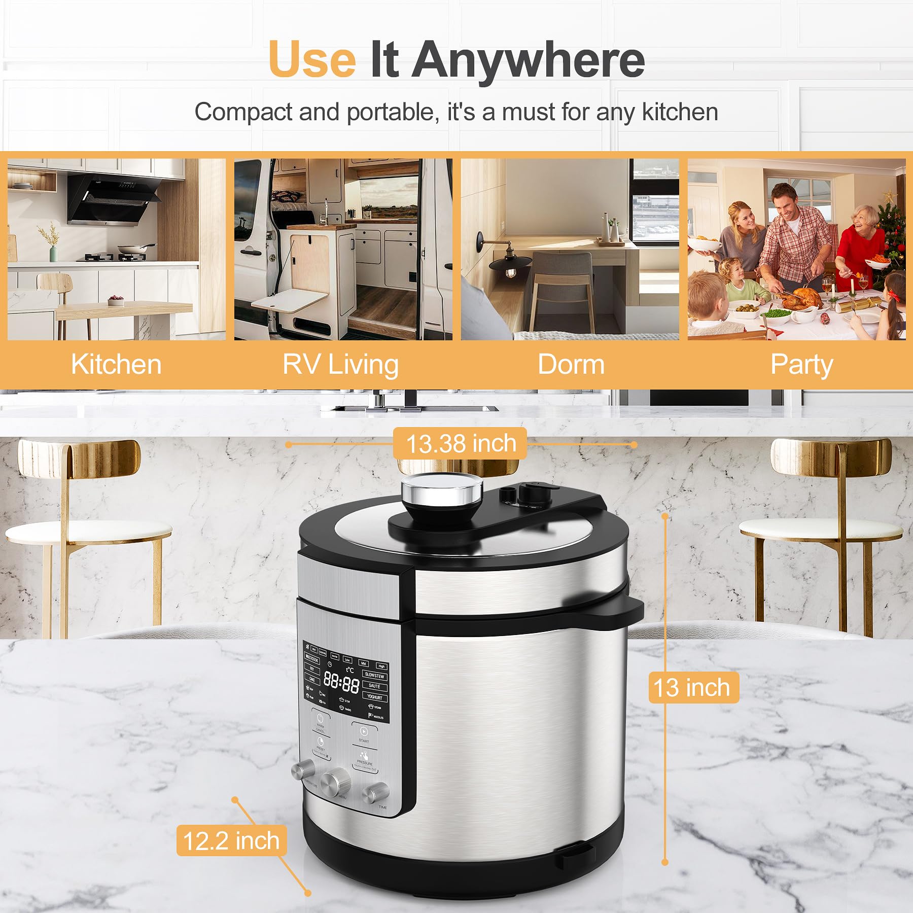 GIHETKUT 14-in-1 Electric Pressure Cooker, 6.3 Quart Multi Cooker, Rice Slow Cooker with Knob, Steamer, Sauté, Yogurt Maker, Cake Maker, Warmer & Sterilizer, Stainless Steel