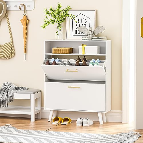 SINROM Shoe Cabinet for Entryway, Slim Shoe Storage Cabinet with 2 Flip Drawers, Freestanding Shoe Organizer with Open Shelf for Hallway, White