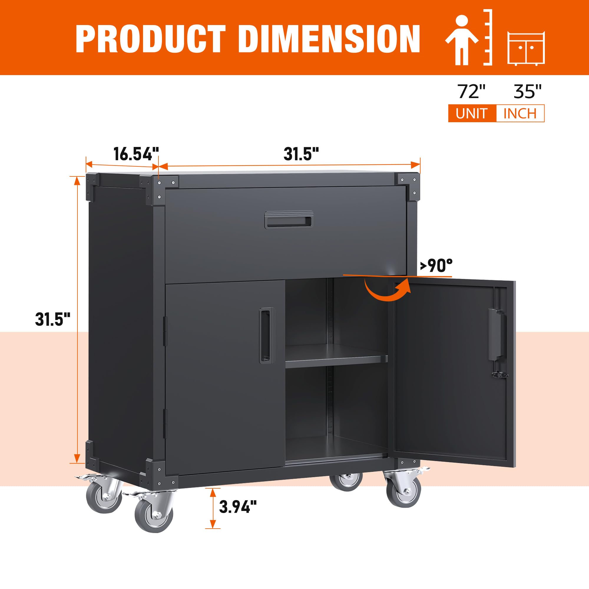 SUPEER Metal Garage Cabinet with Wheels,Mobile Storage Cabinet with 2 Doors & 1 Drawer,Steel Storage Cabinet for Garage,Home,Office,Utility Room- Assembly Required (Black)