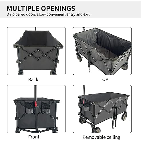 Folding Wagon Cart Heavy Duty Foldable,Large Collapsible Camping Wagon with 2 Drink Holders, Garden Cart Utility Wagon for Camping Fishing Sports Shopping (Cement Grey)