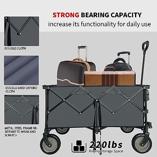 Folding Wagon Cart Heavy Duty Foldable,Large Collapsible Camping Wagon with 2 Drink Holders, Garden Cart Utility Wagon for Camping Fishing Sports Shopping (Cement Grey)