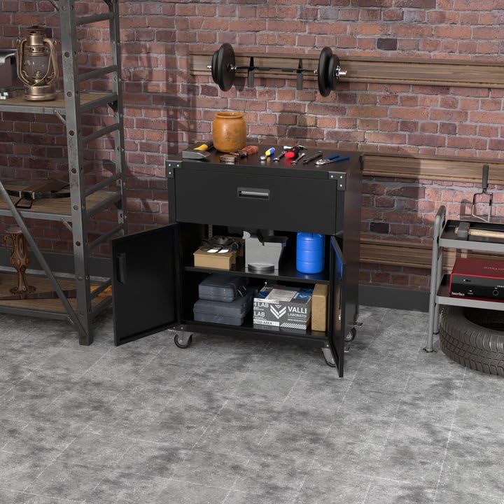 SUPEER Metal Garage Cabinet with Wheels,Mobile Storage Cabinet with 2 Doors & 1 Drawer,Steel Storage Cabinet for Garage,Home,Office,Utility Room- Assembly Required (Black)