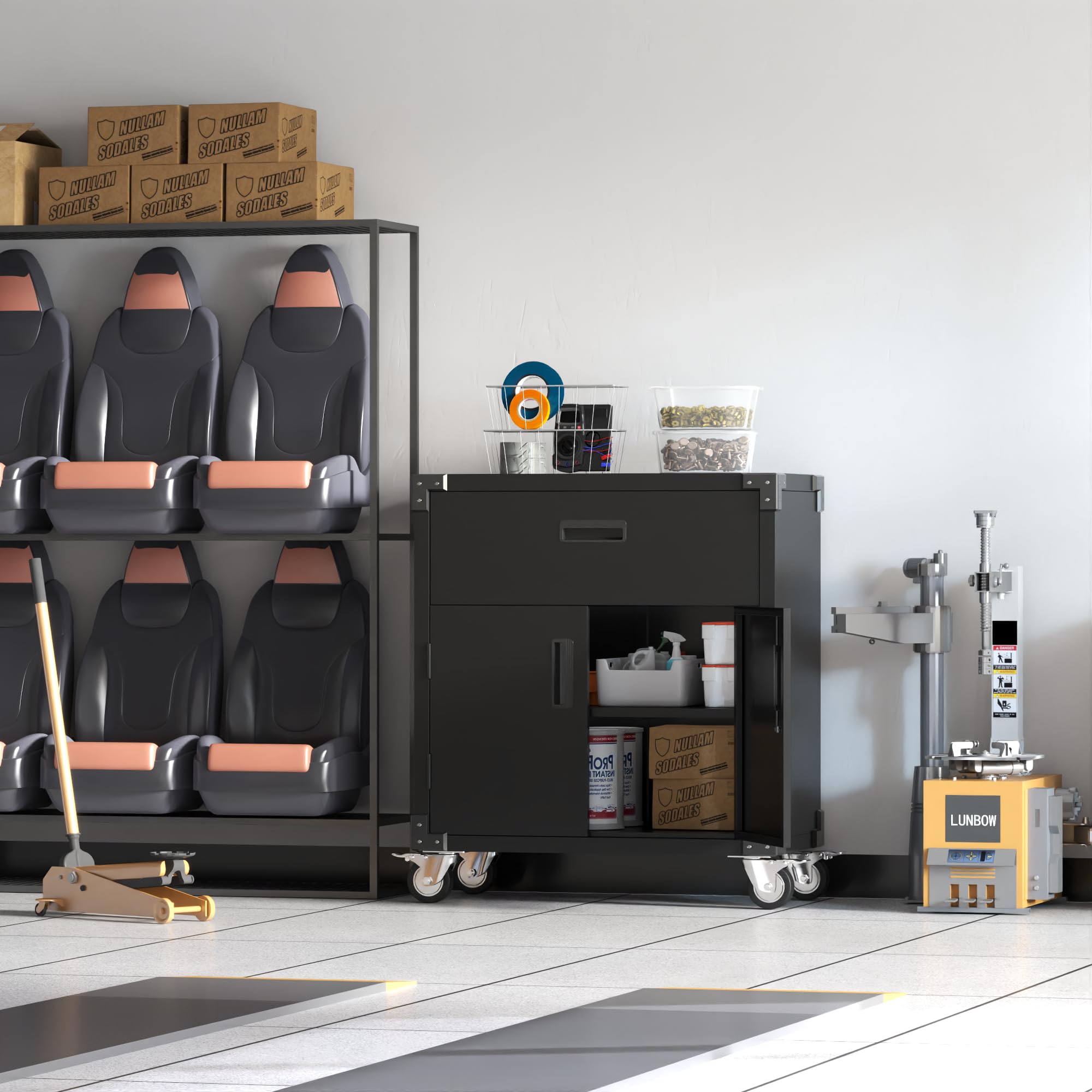 SUPEER Metal Garage Cabinet with Wheels,Mobile Storage Cabinet with 2 Doors & 1 Drawer,Steel Storage Cabinet for Garage,Home,Office,Utility Room- Assembly Required (Black)