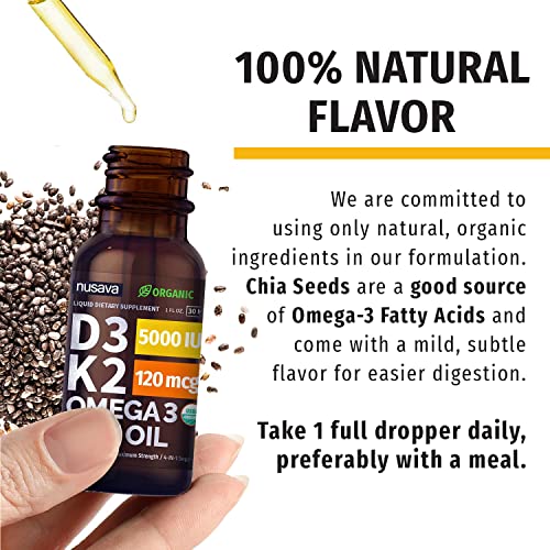 (2 Pack) Organic Vitamin D3 K2 Drops w MCT Oil Omega 3, 5000 IU, Maximum Strength Vitamin D Liquid 5000 IU, No Fillers, Non-GMO Liquid D3 for Faster Absorption & Immune Support, Unflavored, 2 Fl Oz