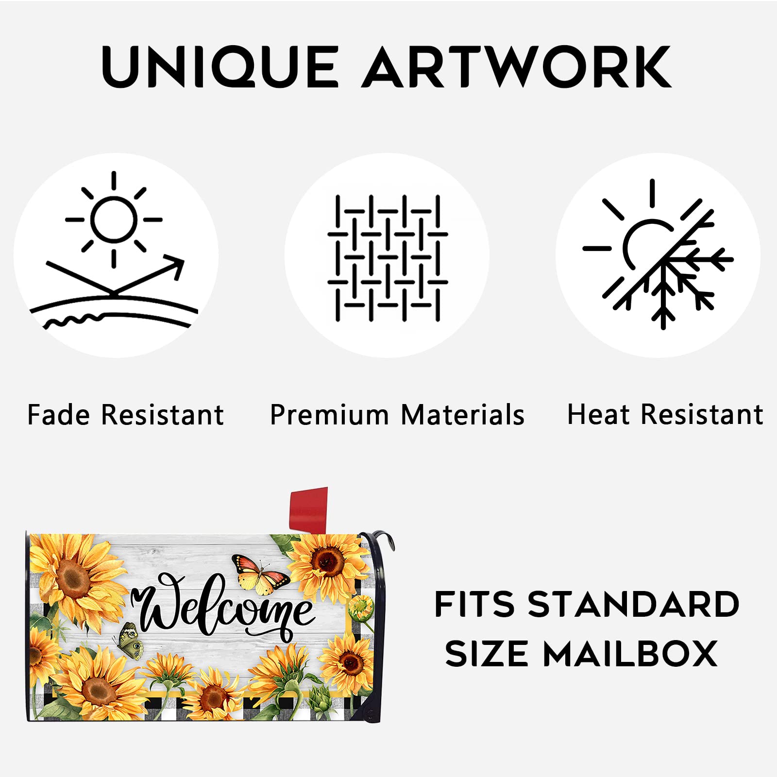 Auirre Spring Summer Welcome Mailbox Cover Magnetic Standard 21" x 18", Sunflower Butterfly Decorative Flower Buffalo Plaid Check Fall Post Letter Box Wrap Farmhouse Rustic Decor for Garden Yard