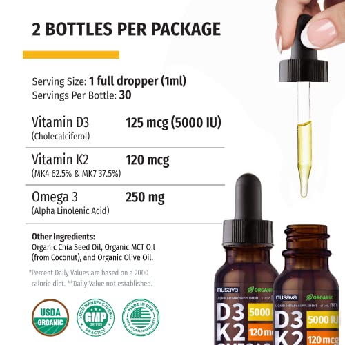 (2 Pack) Organic Vitamin D3 K2 Drops w MCT Oil Omega 3, 5000 IU, Maximum Strength Vitamin D Liquid 5000 IU, No Fillers, Non-GMO Liquid D3 for Faster Absorption & Immune Support, Unflavored, 2 Fl Oz
