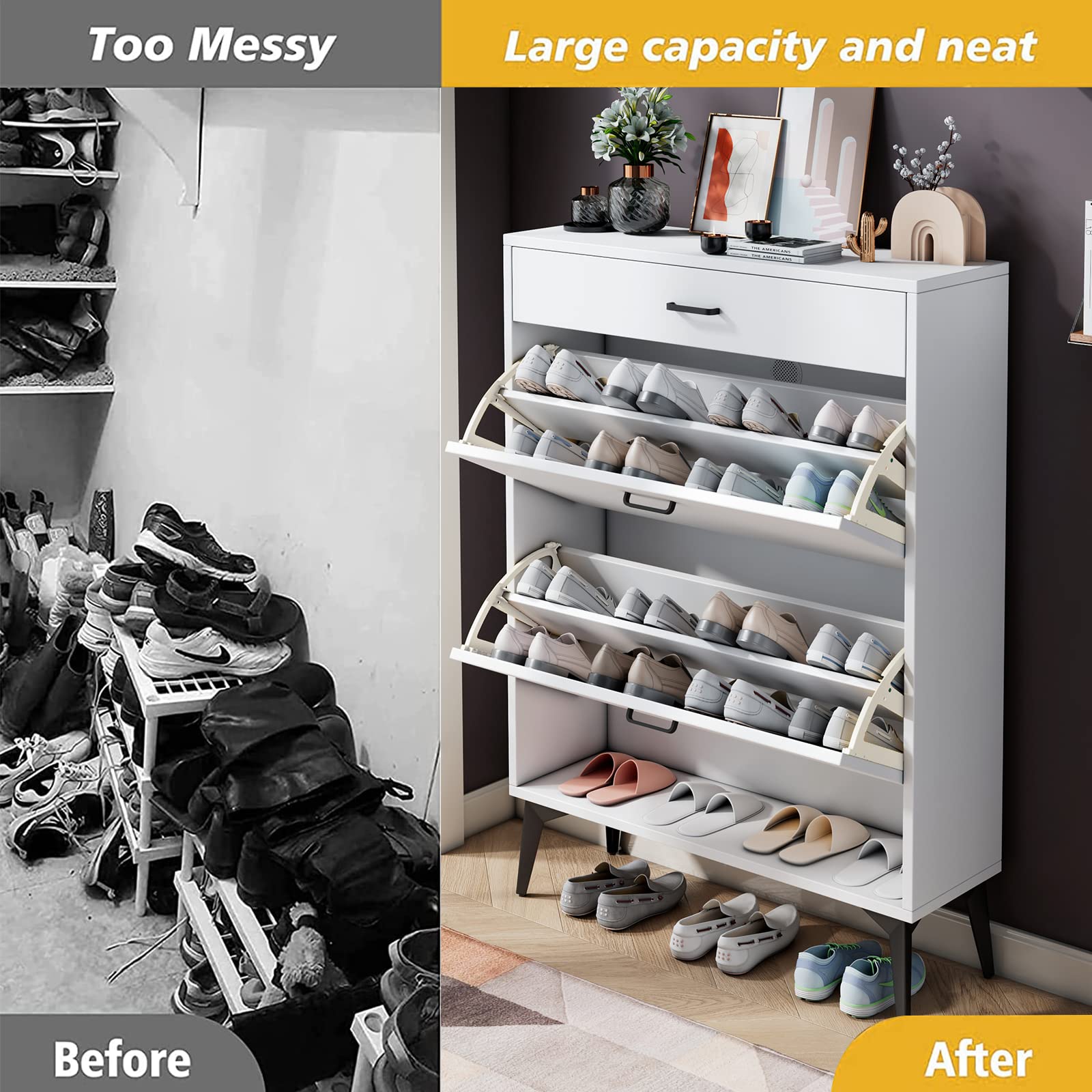 Hosnnile Shoe Cabinet with 1 Slide Drawer & 2 Flip Drawers, Freestanding Shoes Rack Storage Organizer with Metal Legs for Entryway Hallway Bedroom Mudroom (White)