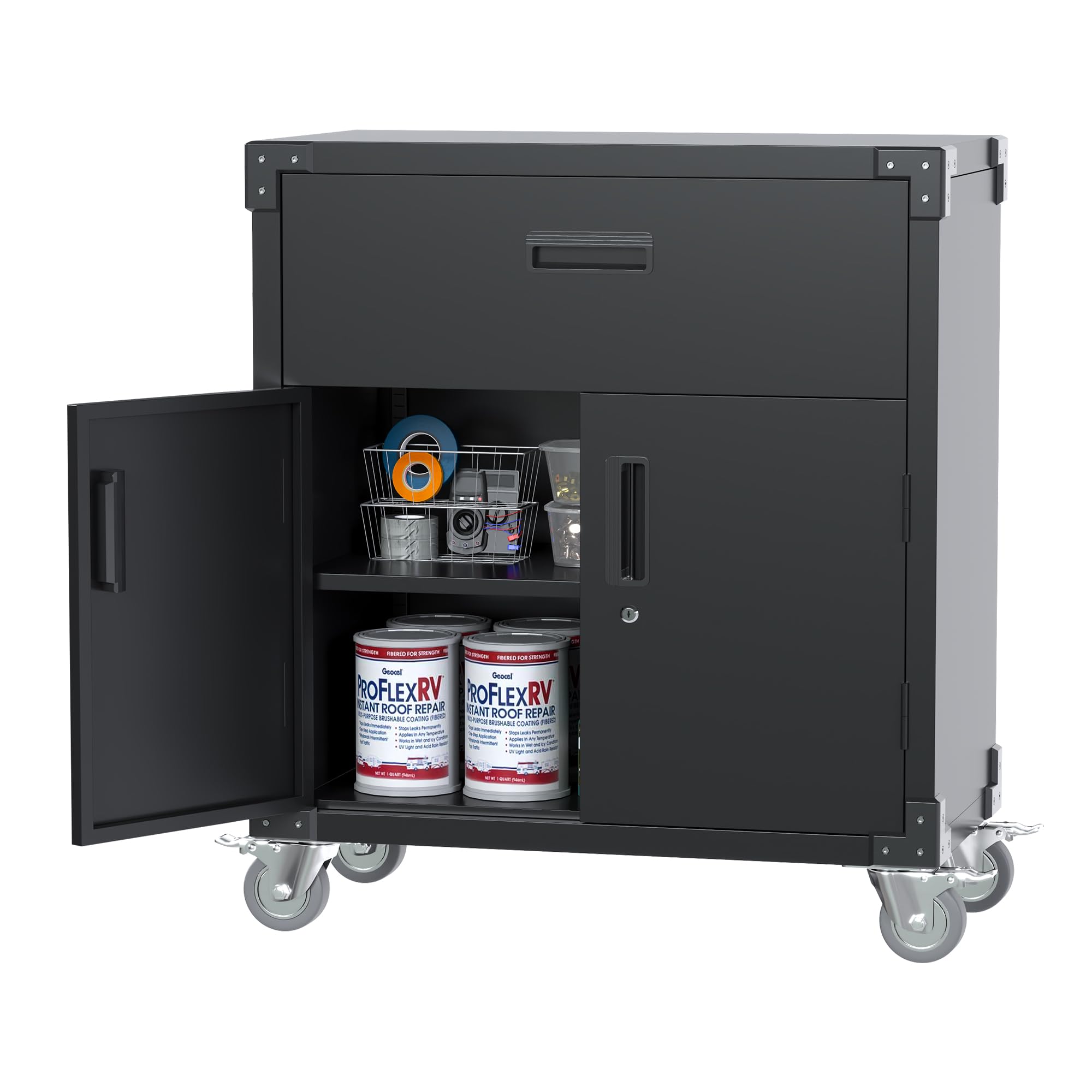 SUPEER Metal Garage Cabinet with Wheels,Mobile Storage Cabinet with 2 Doors & 1 Drawer,Steel Storage Cabinet for Garage,Home,Office,Utility Room- Assembly Required (Black)