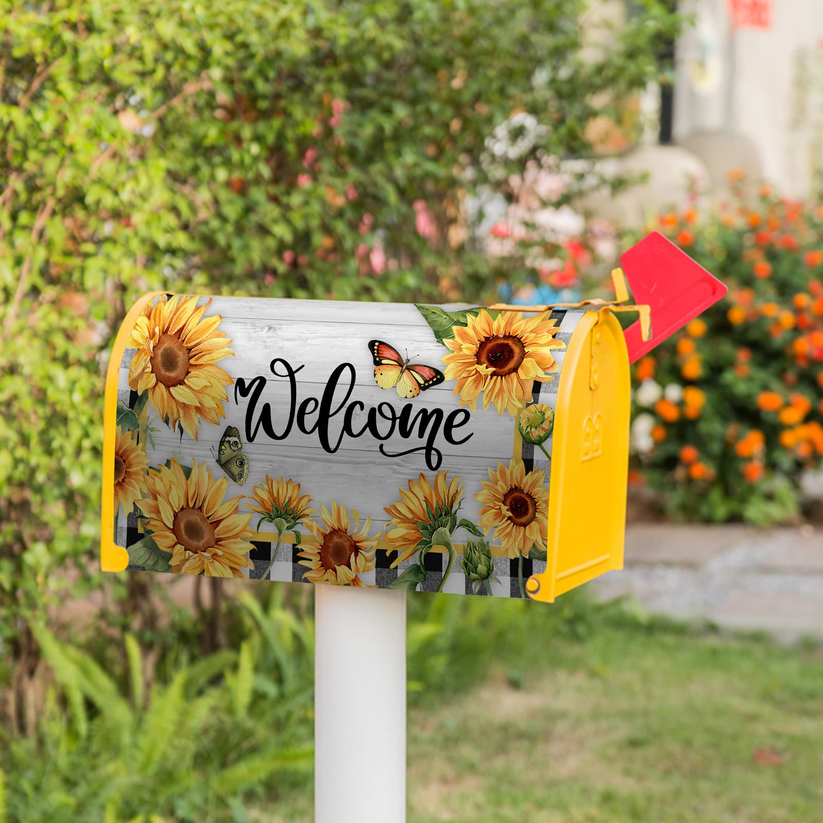 Auirre Spring Summer Welcome Mailbox Cover Magnetic Standard 21" x 18", Sunflower Butterfly Decorative Flower Buffalo Plaid Check Fall Post Letter Box Wrap Farmhouse Rustic Decor for Garden Yard