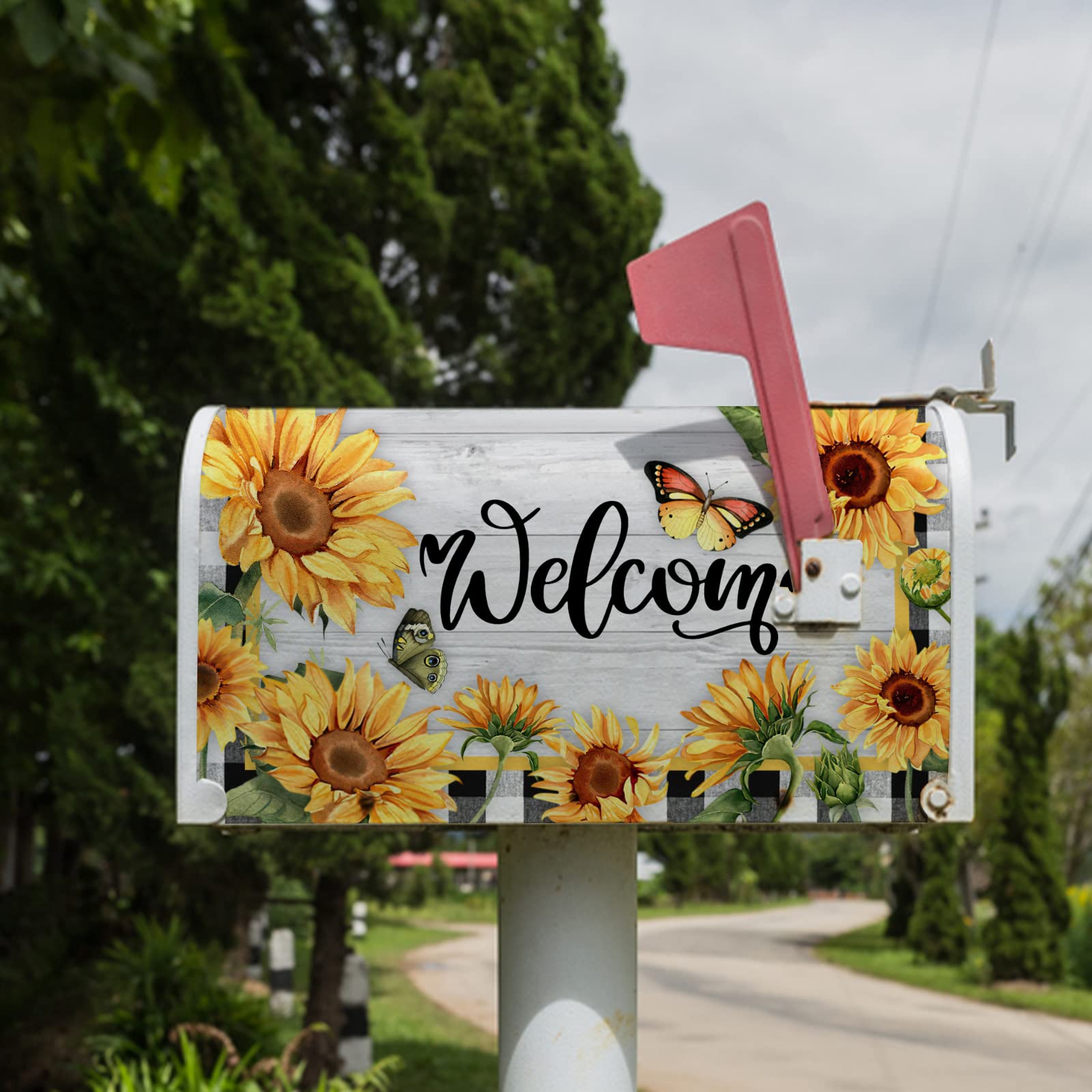Auirre Spring Summer Welcome Mailbox Cover Magnetic Standard 21" x 18", Sunflower Butterfly Decorative Flower Buffalo Plaid Check Fall Post Letter Box Wrap Farmhouse Rustic Decor for Garden Yard