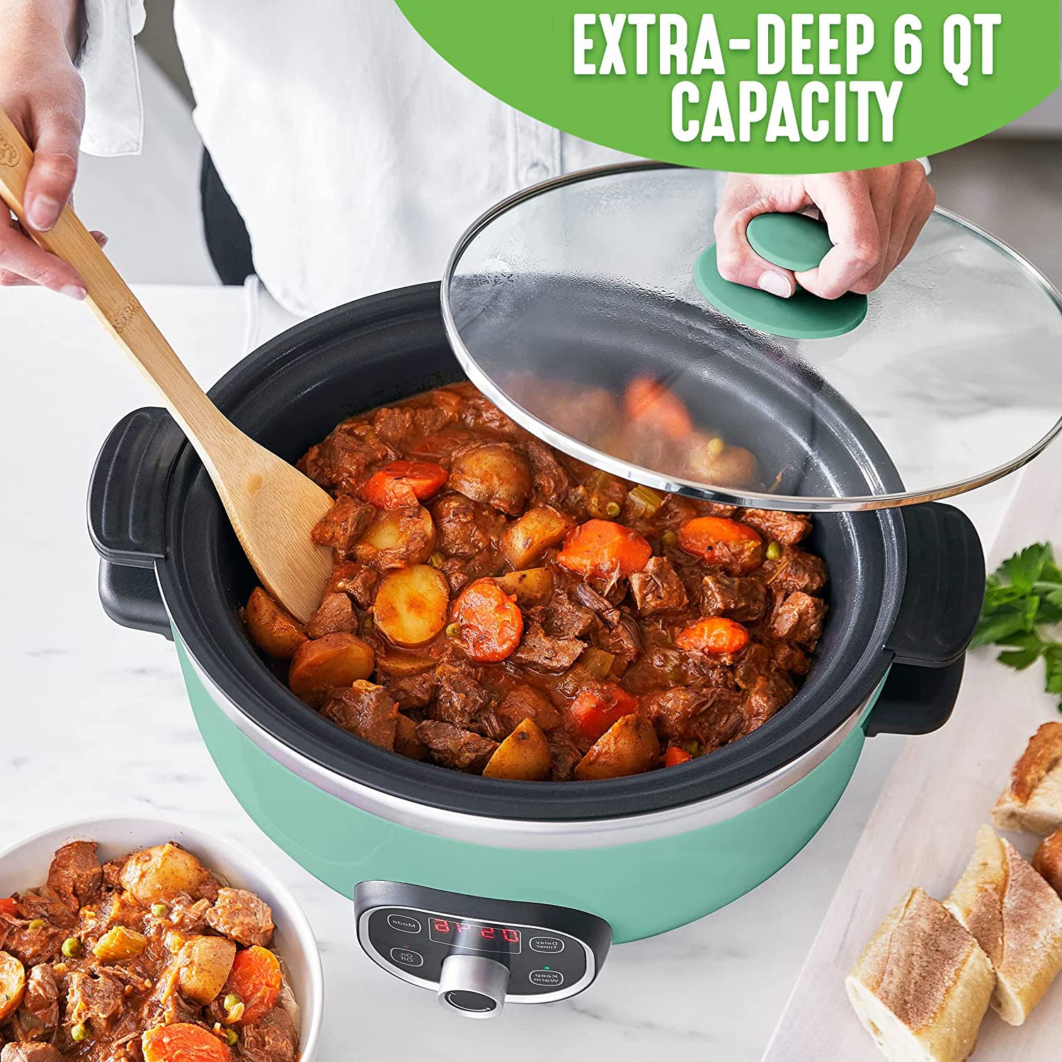 6-Quart Nonstick Electric Slow Cooker - Programmable Ceramic Slow Cookers with Digital Timer, Removable Lid and Pot, Dishwasher Safe Parts, Turquoise