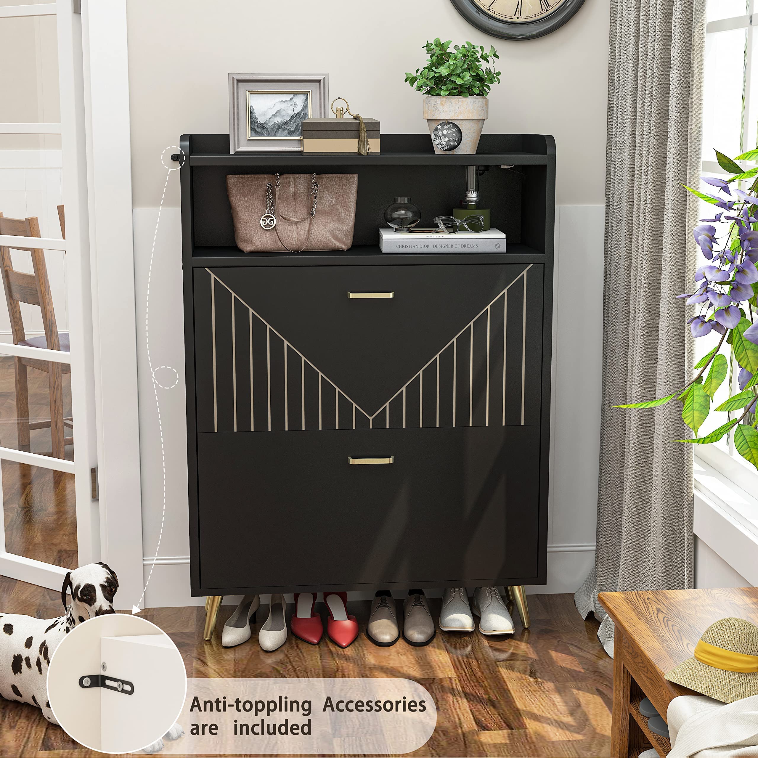 Aheaplus Shoe Cabinet with Flip Doors, Shoes Storage Organizer with Motion Sensor Led Light, Entryway Wood Freestanding Tipping Bucket Shoe Rack with Open Shelves for Closet, Living Room, Black