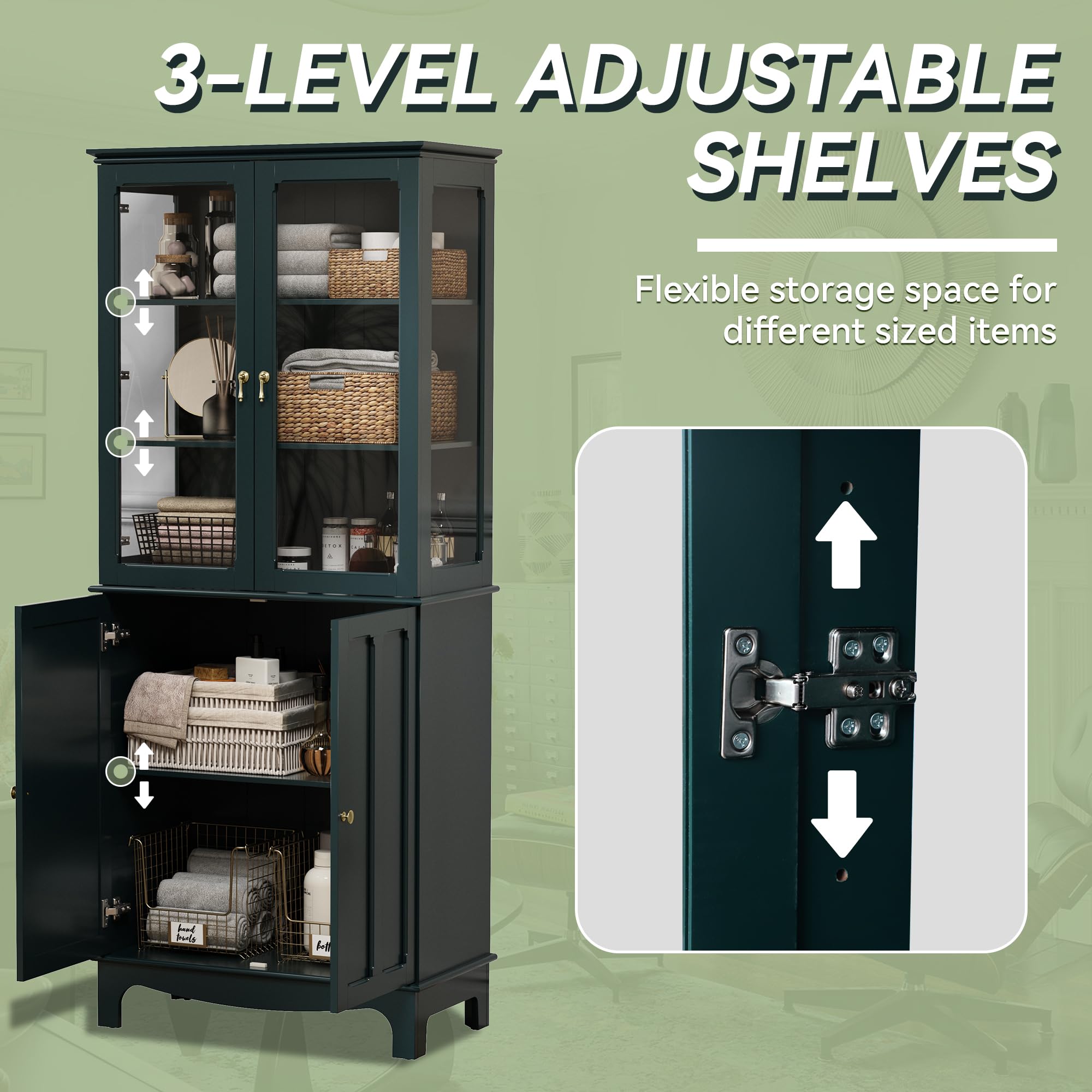 ARTPOWER 72" Freestanding Kitchen Pantry Storage Sideboard, Classical Tall Cabinet with Glass Door and Adjustable Shelves for Kitchen, Livingroom and Dining Room, Dark Teal