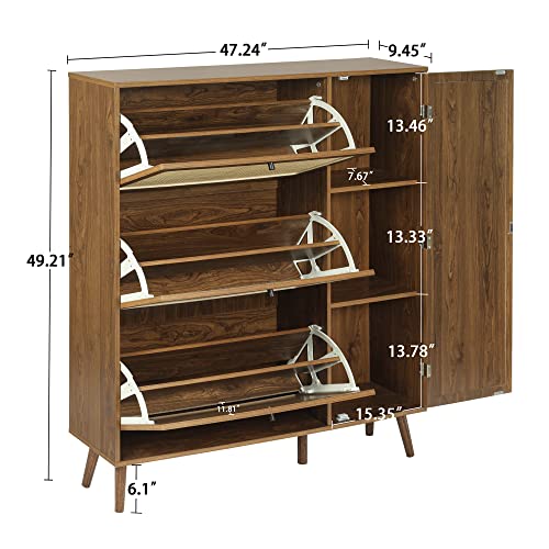 FOKWE Natural Rattan Shoe Cabinet, Shoe Cabinet with 3 Flip Drawers and Storage Shelves, Modern 3-Tier Shoe Rack Storage Cabinet for Entryway, Hallway, Bedroom(Walnut)