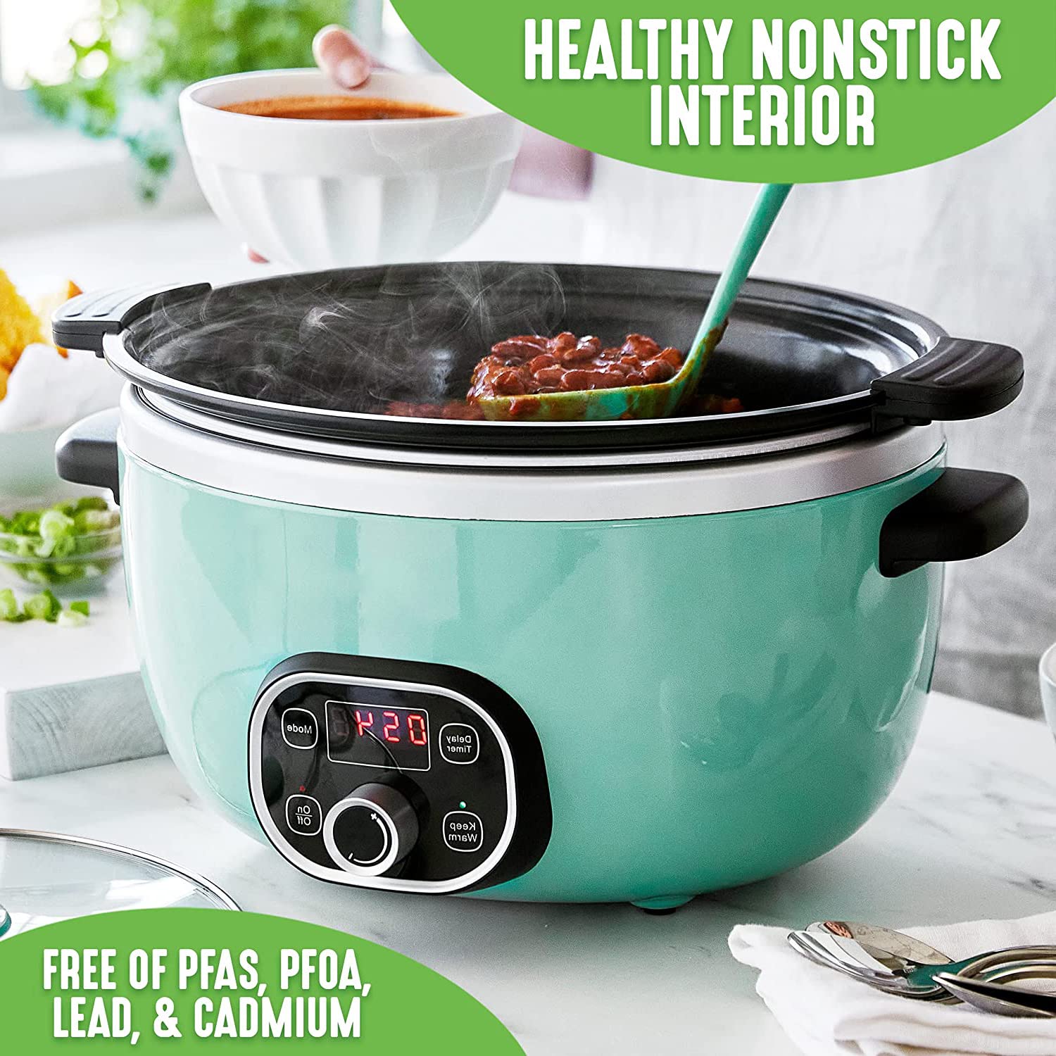 6-Quart Nonstick Electric Slow Cooker - Programmable Ceramic Slow Cookers with Digital Timer, Removable Lid and Pot, Dishwasher Safe Parts, Turquoise