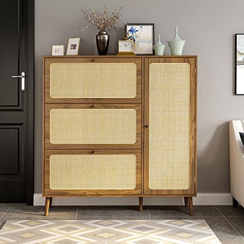 FOKWE Natural Rattan Shoe Cabinet, Shoe Cabinet with 3 Flip Drawers and Storage Shelves, Modern 3-Tier Shoe Rack Storage Cabinet for Entryway, Hallway, Bedroom(Walnut)