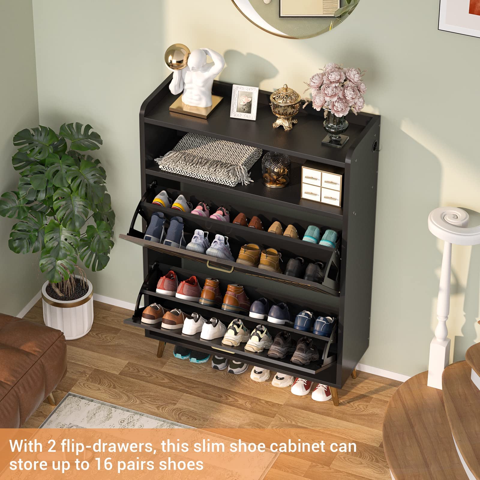 Aheaplus Shoe Cabinet with Flip Doors, Shoes Storage Organizer with Motion Sensor Led Light, Entryway Wood Freestanding Tipping Bucket Shoe Rack with Open Shelves for Closet, Living Room, Black