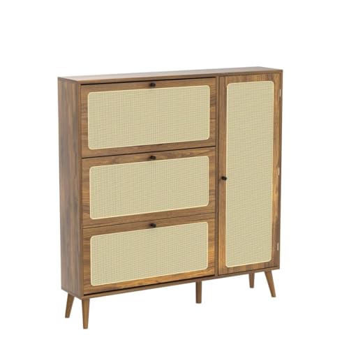 FOKWE Natural Rattan Shoe Cabinet, Shoe Cabinet with 3 Flip Drawers and Storage Shelves, Modern 3-Tier Shoe Rack Storage Cabinet for Entryway, Hallway, Bedroom(Walnut)